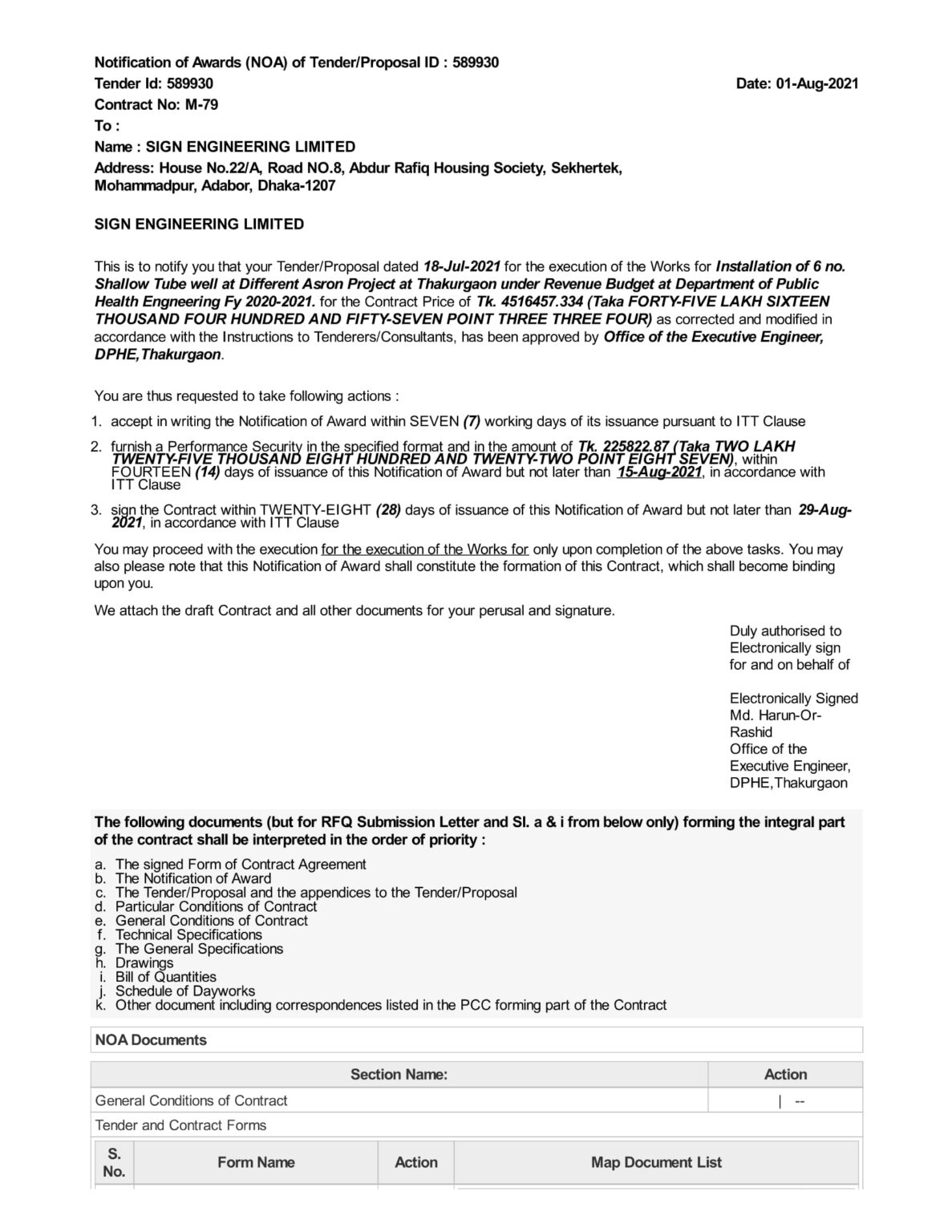 NOA/Work Order – Sign Engineering LTD