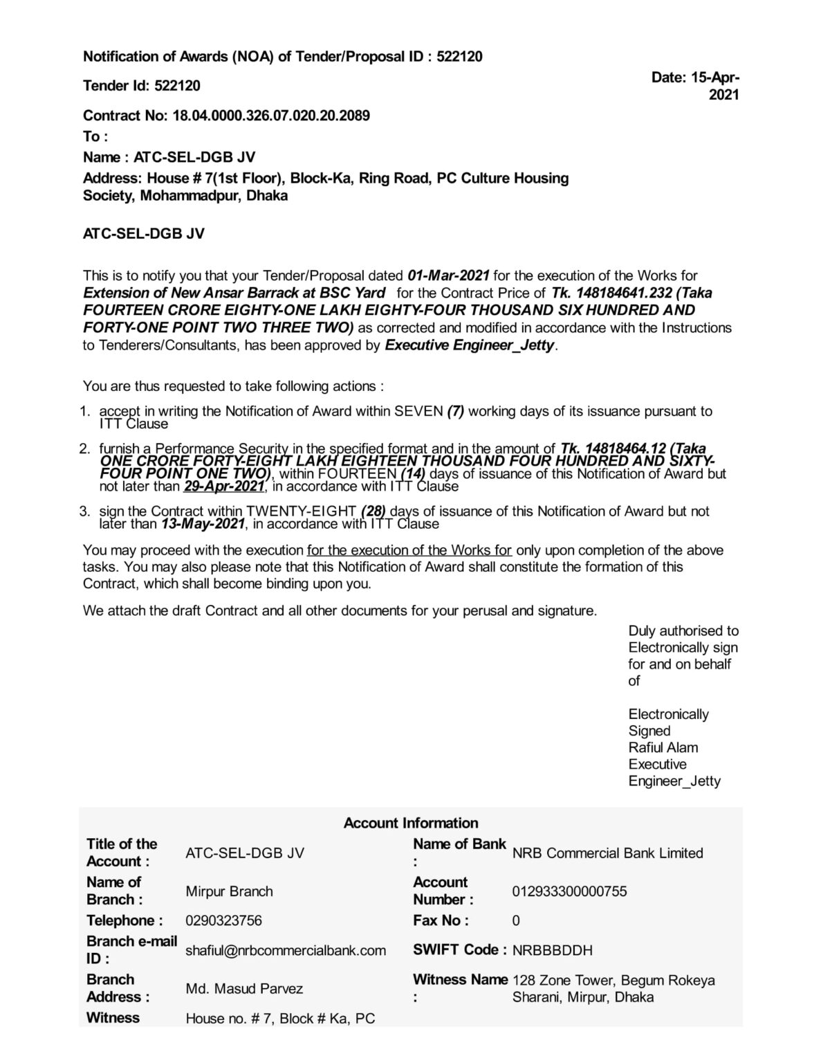 NOA/Work Order – Sign Engineering LTD